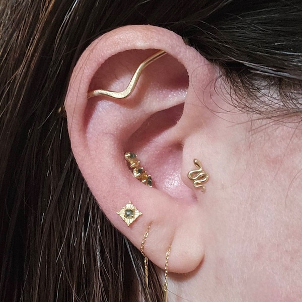 14K Solid Gold Diamond Cut Disc Stud Earring Moss Agate Threadless Push ...