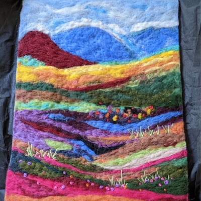 Landscape Wool Painting, Needle Felted Fields Wool Wall Art, Mountains ...