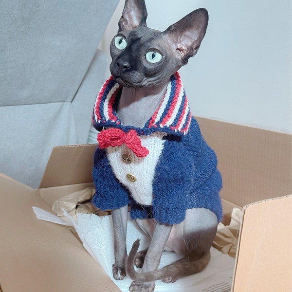 Sphynx Cat Sweater Blue Tuxedo With Bow Tie Hand Knit Wool Hairless Cat ...