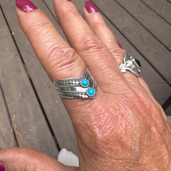 Two Stone Turquoise Ring, Thumb Ring, Chevron Ring, Boho Sterling ...