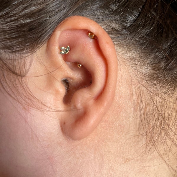 14K Solid Gold Moss Agate Rook Eyebrow Earring 3 Marquise Flower Curved ...