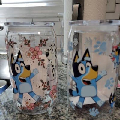 Bluey and Friends Iced Coffee Cup 16oz Glass Soda Can Cup W/ Bamboo Top ...