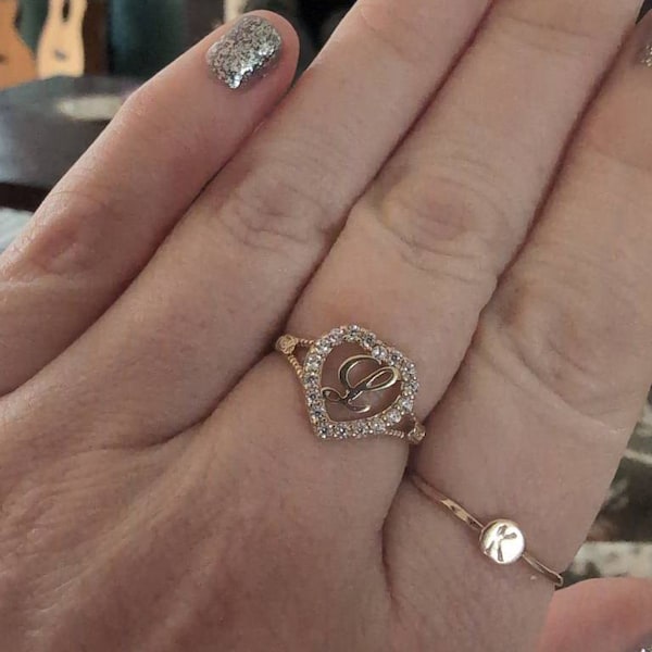 10k Gold Heart Inital Ring, Iced Out Personalized Letter Ring, Monogram Initial Heart Ring ...