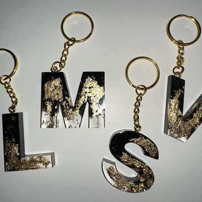 Glam Black, Clear and Gold Initial Keychain Resin Initial Keychain ...