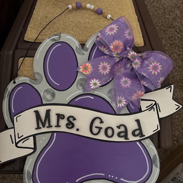 Personalized Paw Print Door Hanger, Teacher Classroom Decor Sign, Dog ...