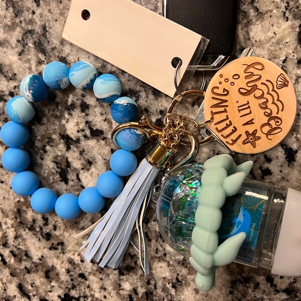 Beach Ocean Keychain Wristlet, Custom Key Tag W/ Blue Tassel ...