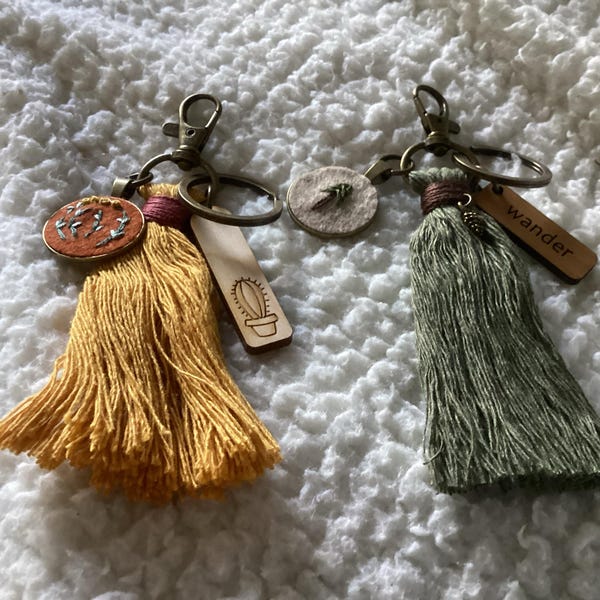Wander Keychain, Explore Hike Tassel, Tiny Hand Embroidery Pine Tree ...