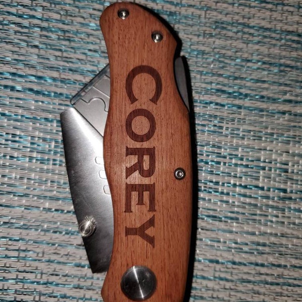 Personalized Engraved Folding Utility Knife With Wood Handle and Blade ...