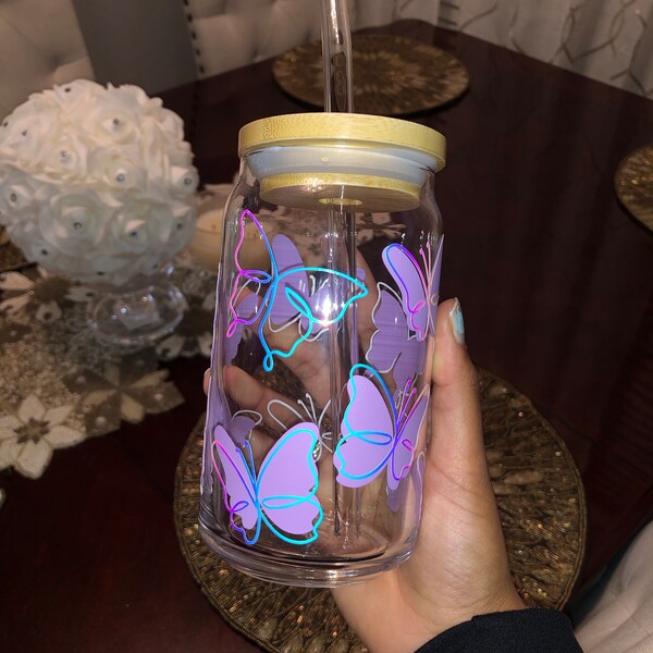 Butterflies Beer Can Glass, Butterfly Iced Coffee Glass, Aesthetic ...