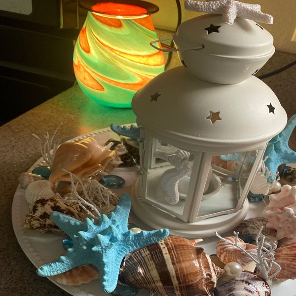 Tall Wood Lighthouse Centerpiece W/ Shells, Slate Blue Starfish ...