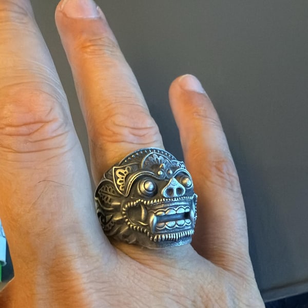 Barong God of Good Mens Ring in Silver, Balinese Mythology Gothic Ring ...