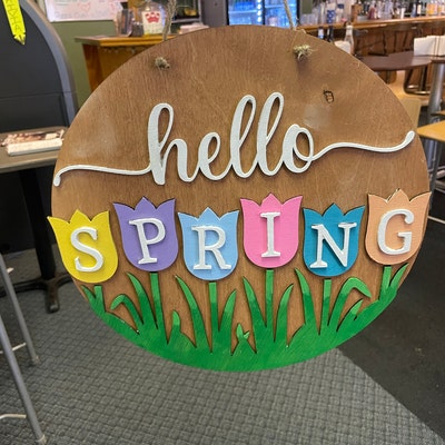 Hello Spring Tulips Sign, Round Door Hanger Svg, Spring Welcome Sign ...