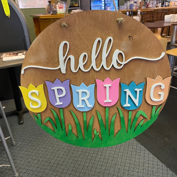 Hello Spring Tulips Sign, Round Door Hanger Svg, Spring Welcome Sign ...