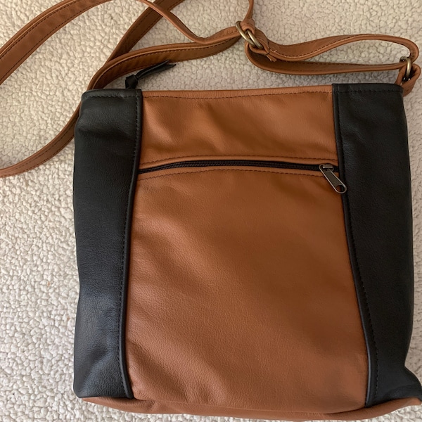 Crossbody Leather Purse - Black and Caramel Color Leather - Large Emily ...