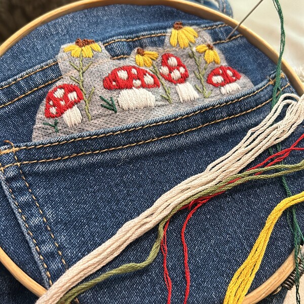 Mushroom Pocket Flower Kit-hand Embroidery Stitch on Jeans-embroidery ...