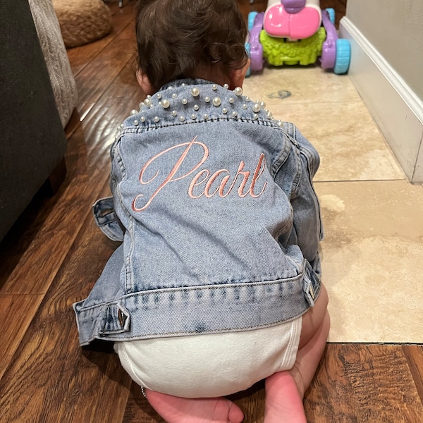 Little Girls Personalized Blue Pearl Denim Jacket | Embroidered ...
