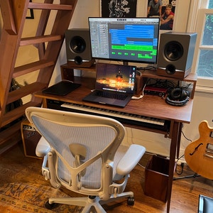 PIANO DRAWER Desk With Wooden Legs and Dark Brown Laminated Plywood Top ...