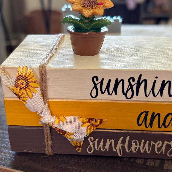Sunflower Mini Wood Book Stack/ Home Decor/ Wood Books/ Tier Tray Decor ...