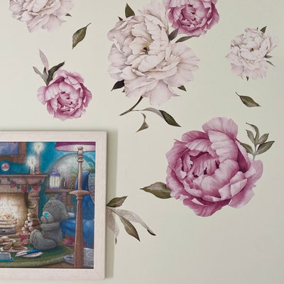 Pink Peony Wall Decal Large Set, Peony Wall Stickers, Large Peonies ...