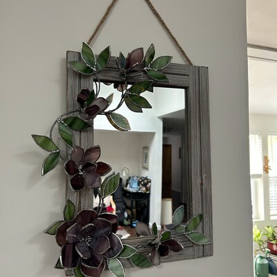 Stained Glass Flower Mirror hydrangea Wall Decor Wooden Frame. Art ...
