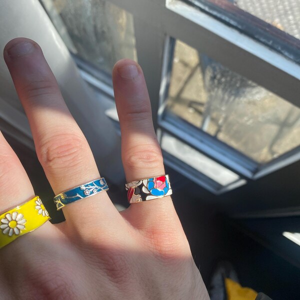 Enamel Flower Ring, Colourful Floral Ring, Bohemian Ring, Statement Ring, Painted Ring, Wide ...