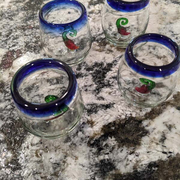 Set of Four (4) Blue Rim Mexican Tequila Mezcal Sipper Glass With Red ...