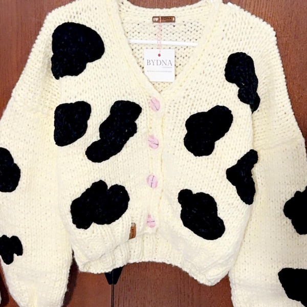 Cow Print Chunky Cardigan for Woman, Cow Print Patches Sweater ...