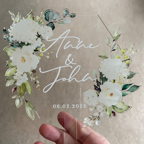 Wedding Cake Topper Clear Acrylic Floral Personalized Cake Topper ...