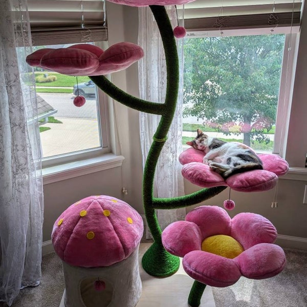 Wood Floral Cat Tree Tower, Wooden Cat Tower, Modern Cat Climbing Tree ...