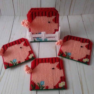 Plastic Canvas Pattern Pig Coasters Country Pig Home Decor DIY Plastic ...