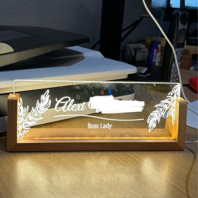 Personalized Desk Nameplate With Wooden Base, Lighted Acrylic Name Sign ...
