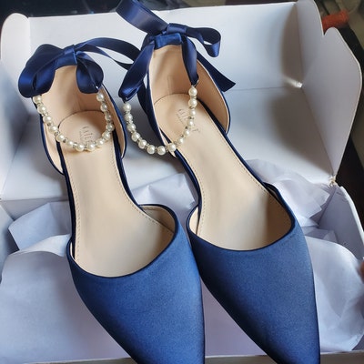 Navy Blue Satin Pointy Toe Flats With PEARLS ANKLE STRAP, Fall Wedding ...