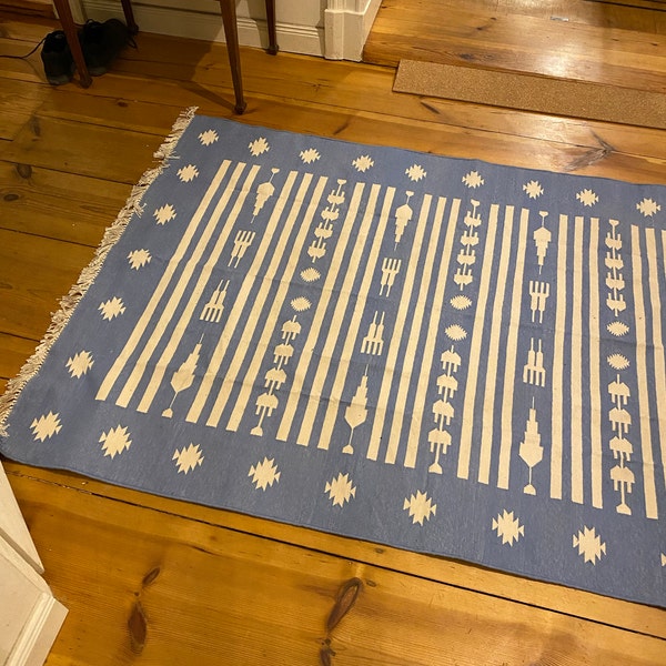 Green and Blue Modern Flowers Design Hand Woven Runner Rug- Reversible ...