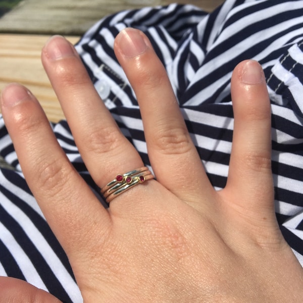Tiny Ruby Ring Set, SOLID 18k Gold and Silver Stack Rings, Set of 3 Minimalist Ruby Rings, July ...