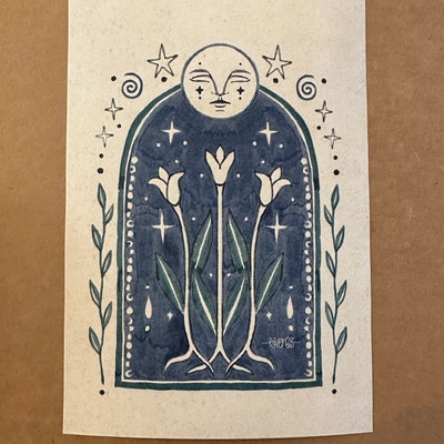 Spiritual Art Print Moon Phase Illustration Boho Gift Idea Blue Folk ...