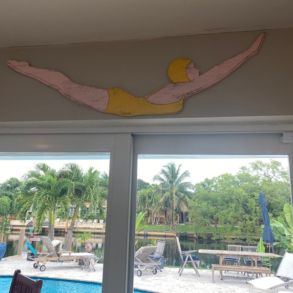 Retro Swimmer Diver Girl Swimming Pool Sign Wooden Retro Diving Girl ...