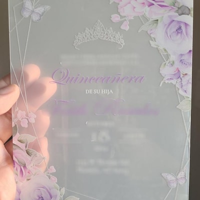Clear Acrylic Quinceañera Invitations With Lavender Purple Flowers and ...