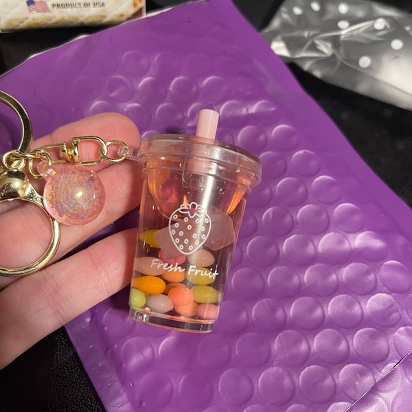 Strawberry Liquid Keychain, Boba Keychain, Quicksand Keychain, Kawaii ...