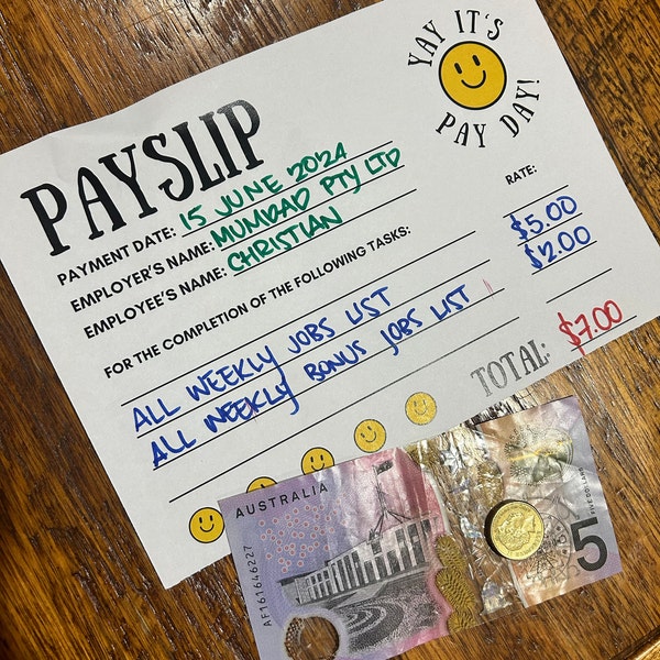 Editable Payslip for Kids, Printable Kids Pay Cheque, Chore Chart for ...