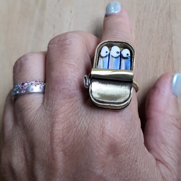 SARDINE CAN Ring, Brass Flashy Ring, Contemporary Ring, Porcelain ...