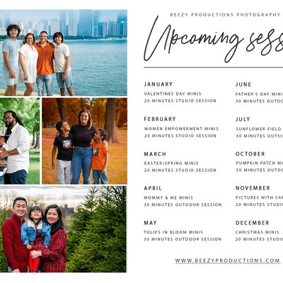 Upcoming Sessions Photography Template, Mini Sessions Calendar Card ...