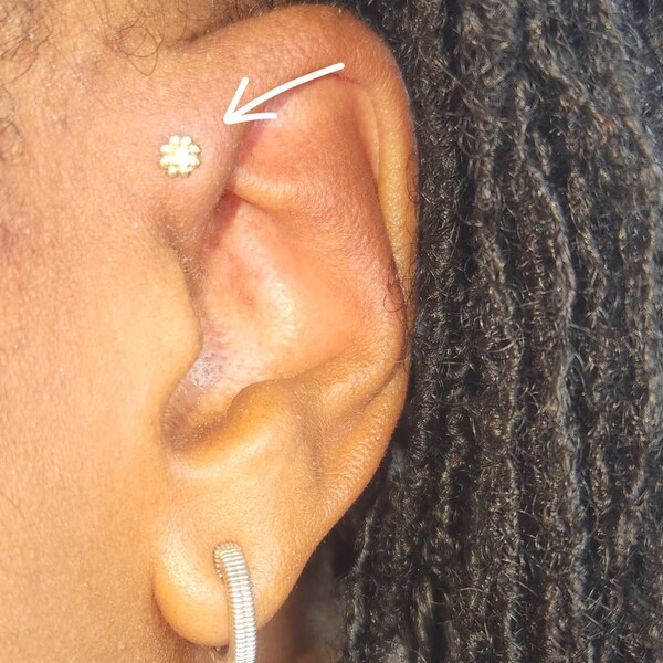 14K Solid Gold Tiny Zirconia Flower End Barbell Piercing 18G, 3/16" 5mm ...