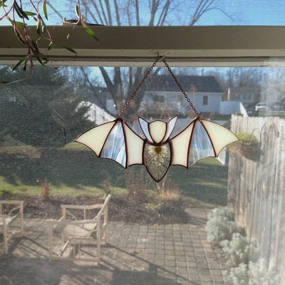 Medium Stained Glass Bat Sun Catcher Ornament, With Real Pressed ...