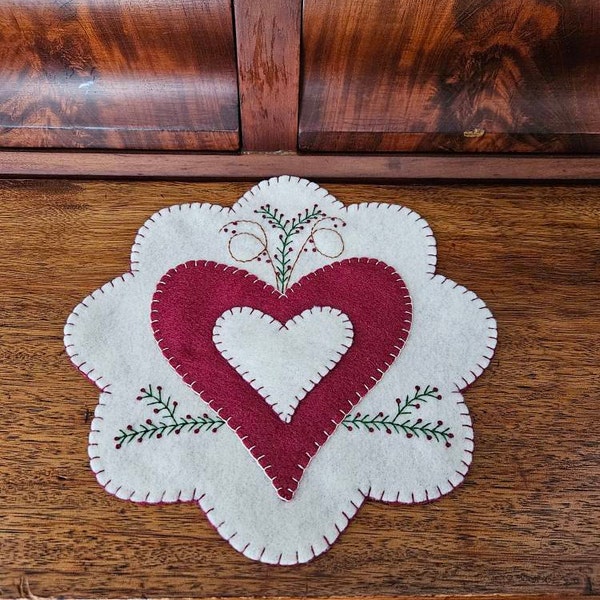 Heart Candle Mat, Love Penny Rug, Primitive Stitchery, Farmhouse Decor ...