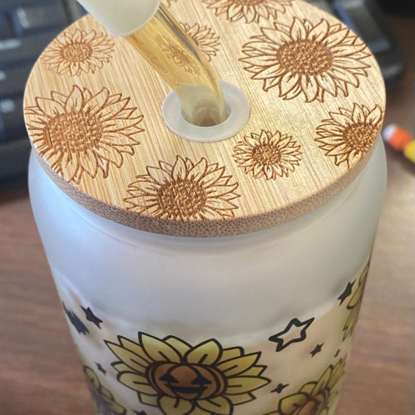 Laser Engraved Sunflower Bamboo Lid, Personalized Engraved Lid for Beer ...
