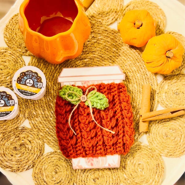 CROCHET PATTERN + VIDEO & Printable. Wheat Stitch™ Pumpkin Coffee Cup ...