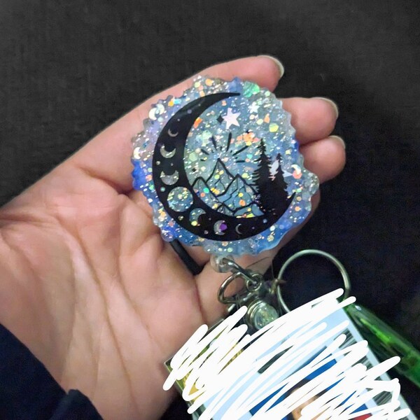 Moon Phase Badge Reel, Mystical Celestial Badge Reel, Geode Glitter ...