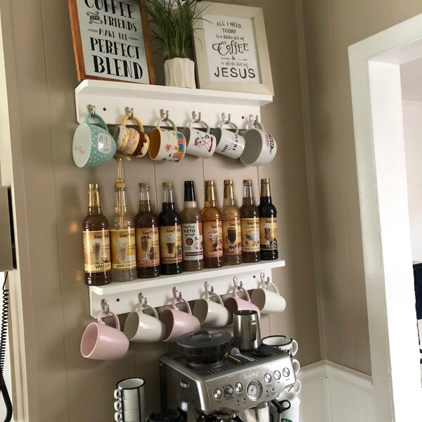 6 Cup Mug Rack With Shelf, Mug Rack Wall Mounted, Coffee Bar Decor ...