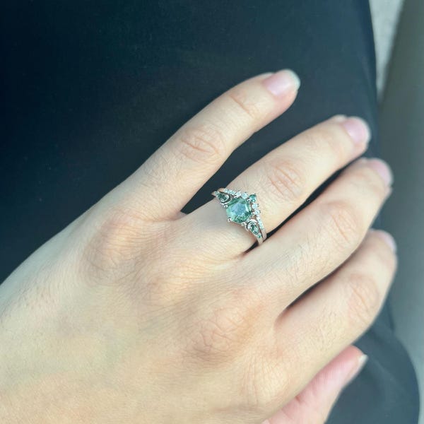 Hexagon Cut Green Moss Agate Ring 14k White Gold Five Stone Moon Unique ...