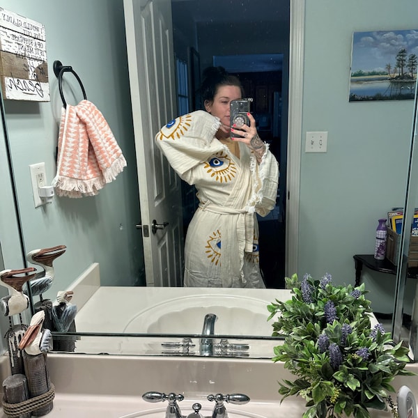 Boho Morning Robe, Organic Cotton Spa Robe, Bridal Robe, Evil Eye ...